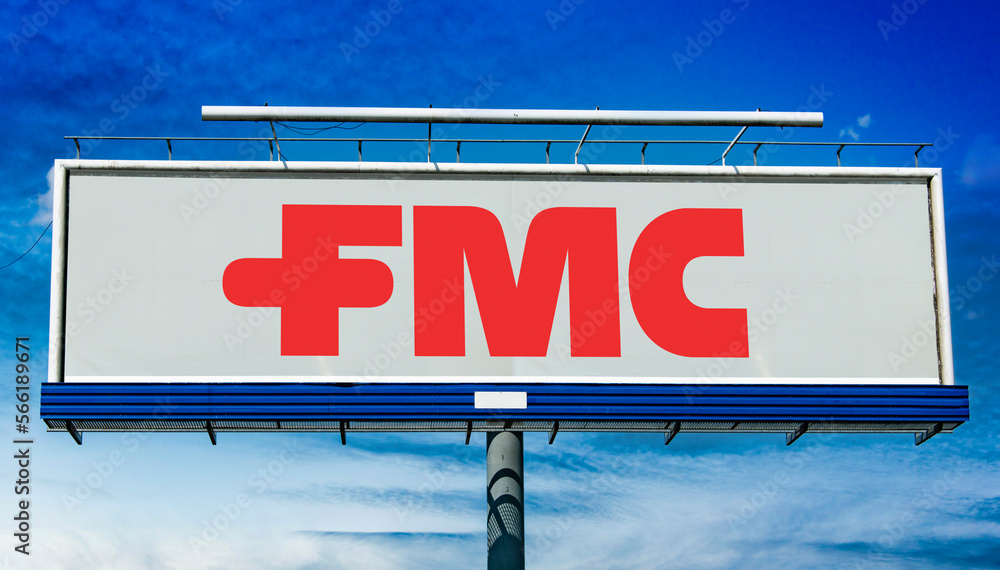 Advertisement billboard displaying logo of FMC Corporation Stock Photo ...