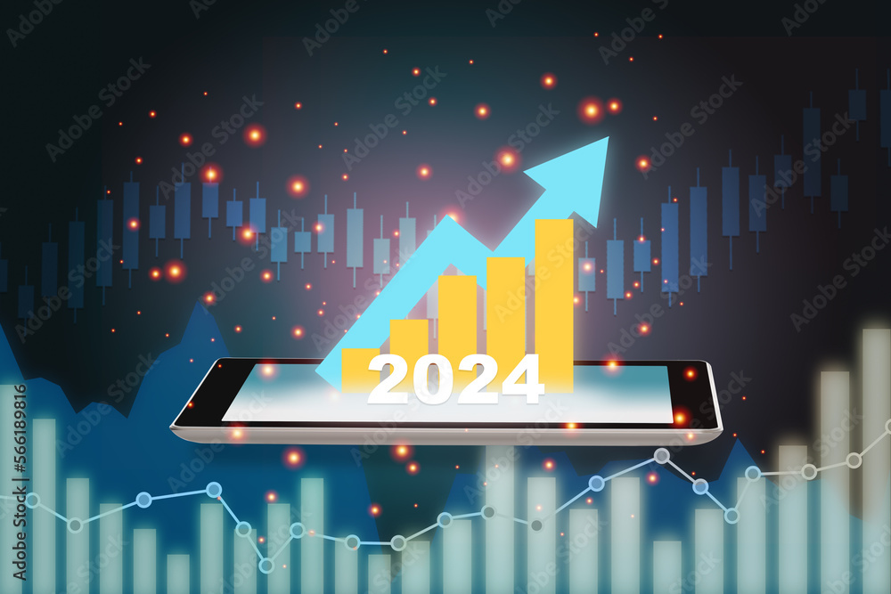 New year 2024 growth graphs return on investment on abstract background ...