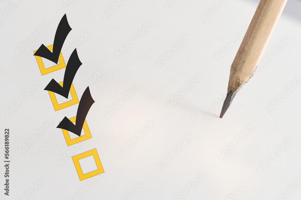 Check list box with check mark on white paper with pencil. Selection ...