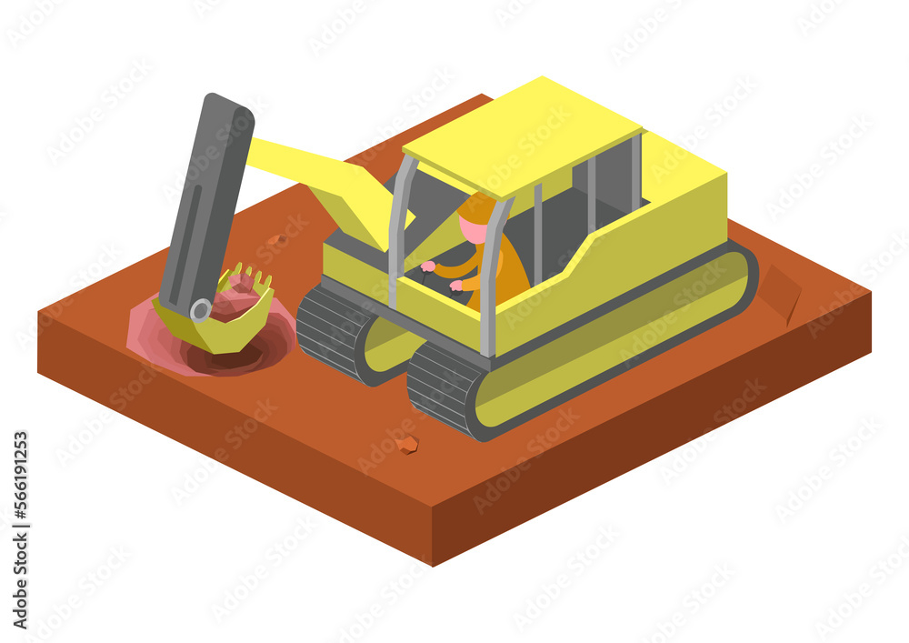 Excavator machine dig ground isometric PNG illustration with ...