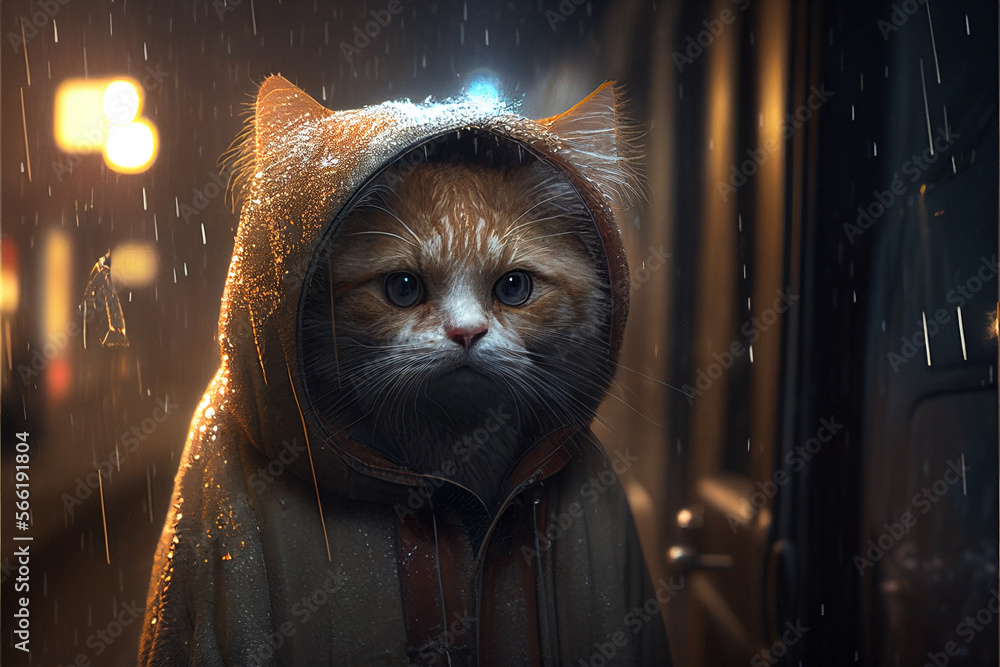 Cute homeless cat gets wet in the rain outside. AI generated Stock ...
