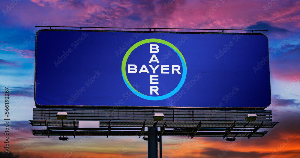 Advertisement billboard displaying logo of Bayer AG Stock Photo | Adobe ...