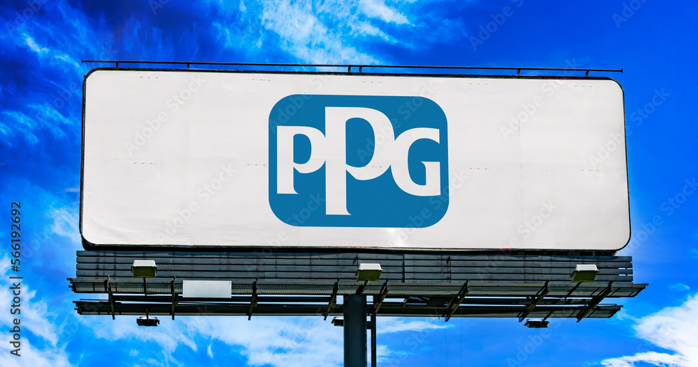 Advertisement billboard displaying logo of PPG Industries Stock Photo ...