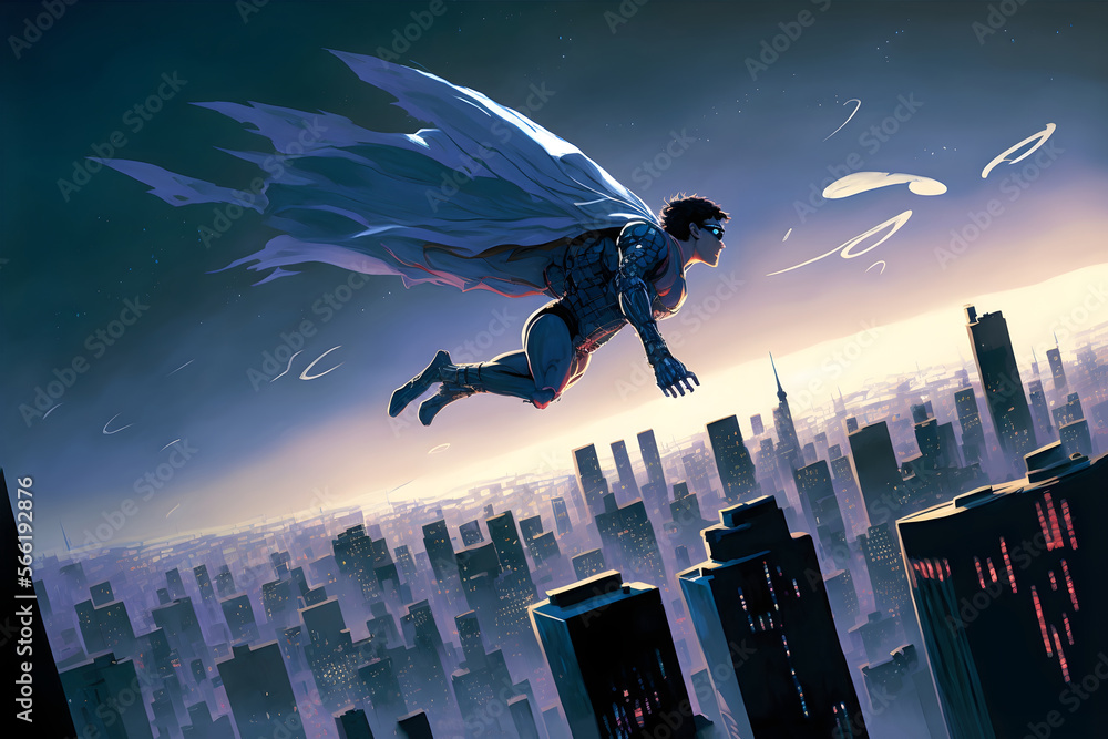 superboy flying in the sky over the big city at night, digital art ...