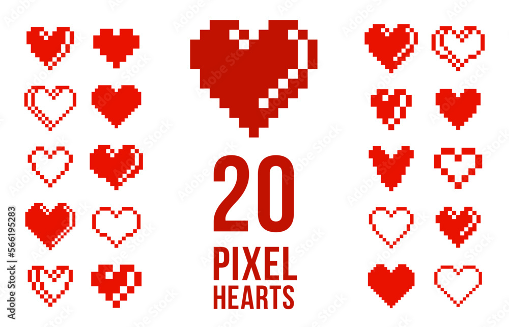 8bit pixel hearts vector logos or icons set, retro game from 90s 8 bit ...