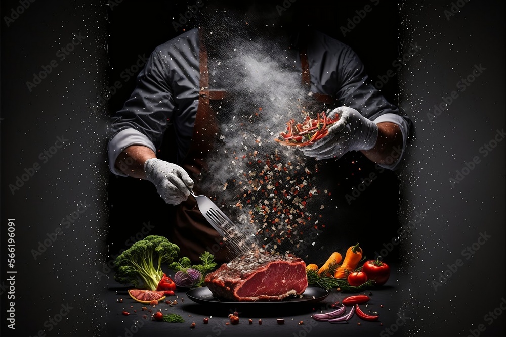 Chef hands cooking meat and adding salt and pepper on black space ...