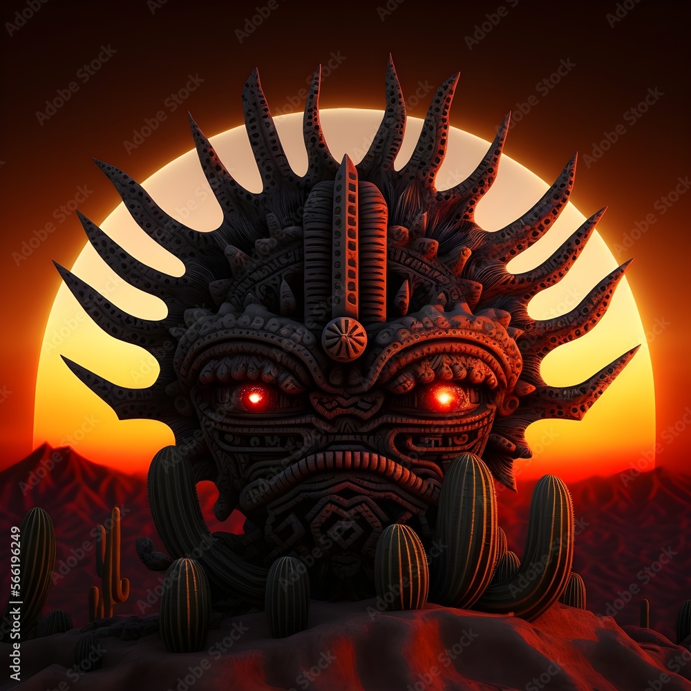 Aztec sculpture of a cactus with an eye in the desert in the style of h ...