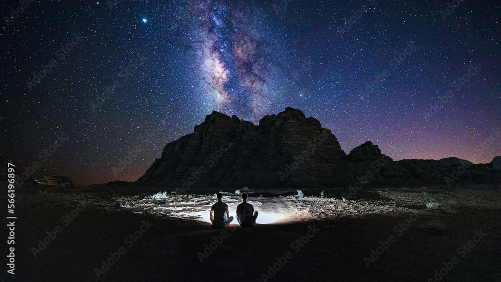 lighting up the White Domes in Wadi-Rum desert, Jordan, Middle East as ...