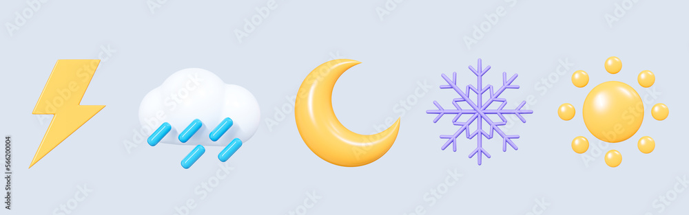 3D Weather set emoji icon. Cloud with rain, crescent moon, snowflake ...