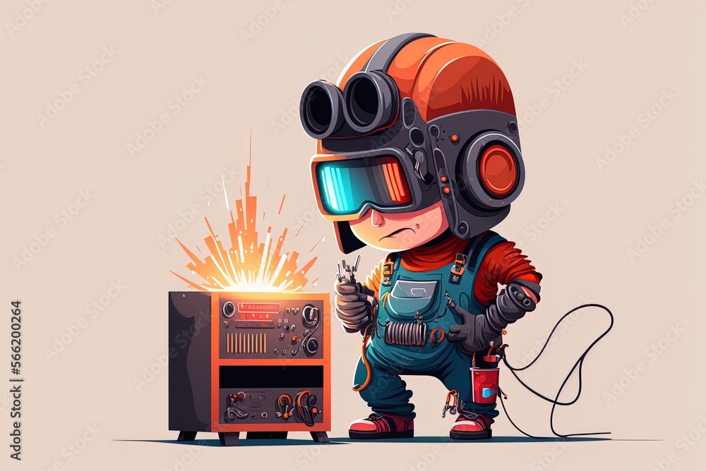 Welder figure, cartoon, using welding equipment; flat drawing for kids ...