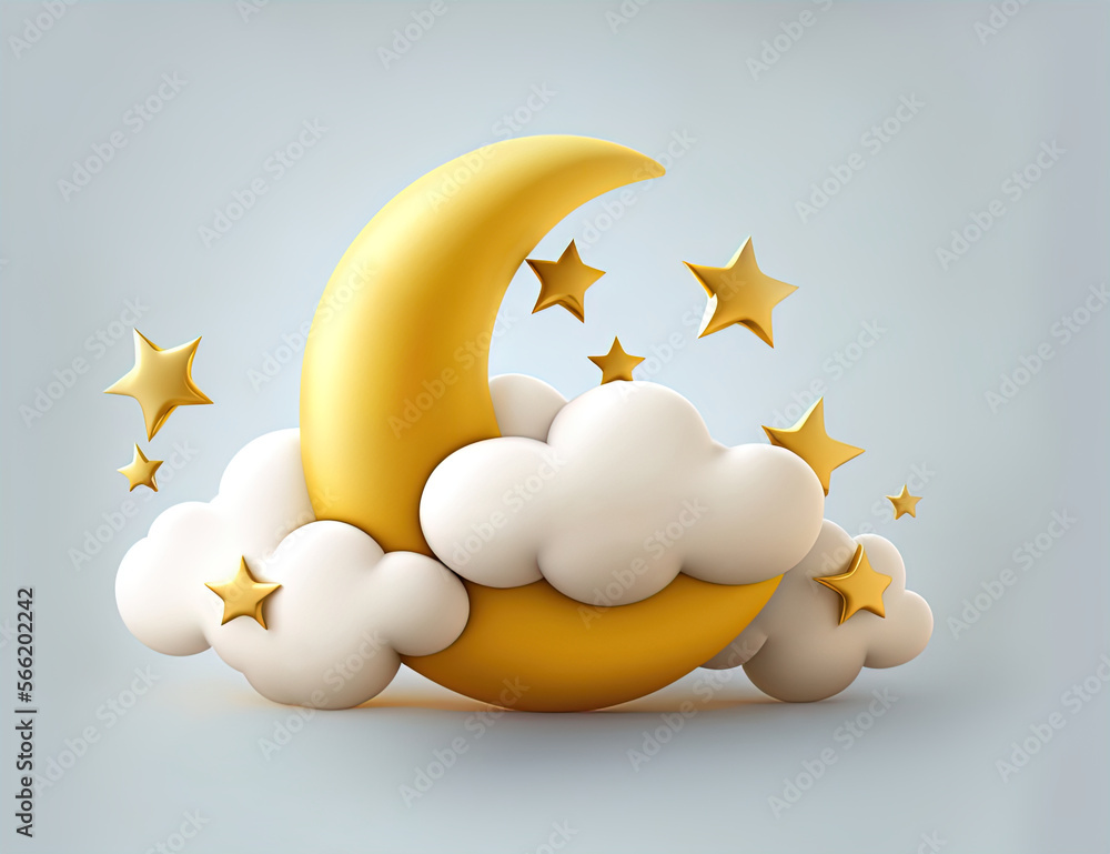 yellow Crescent moon with stars and cute clouds with smiles in smooth ...