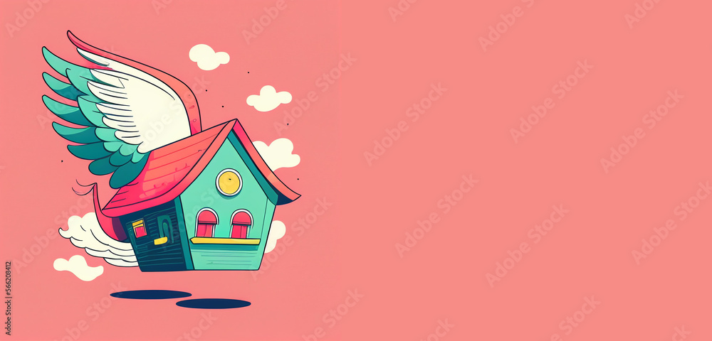 Cartoon flying house with wings and smiling face. Stock Illustration ...