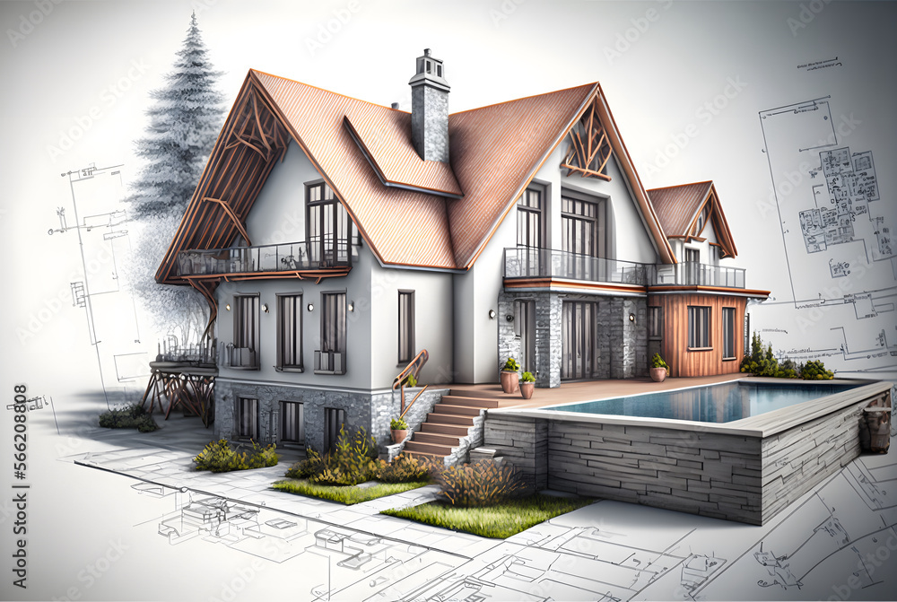 Technical drawing, sketch of building design of family house with roof ...