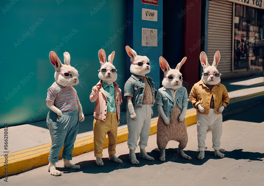 Abstract, modern group of Easter bunny dressed, standing and posing as ...