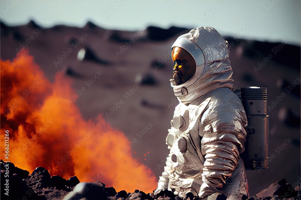 volcanologist in silver hazmat suit, explosions of lava. Volcano. Ai ...