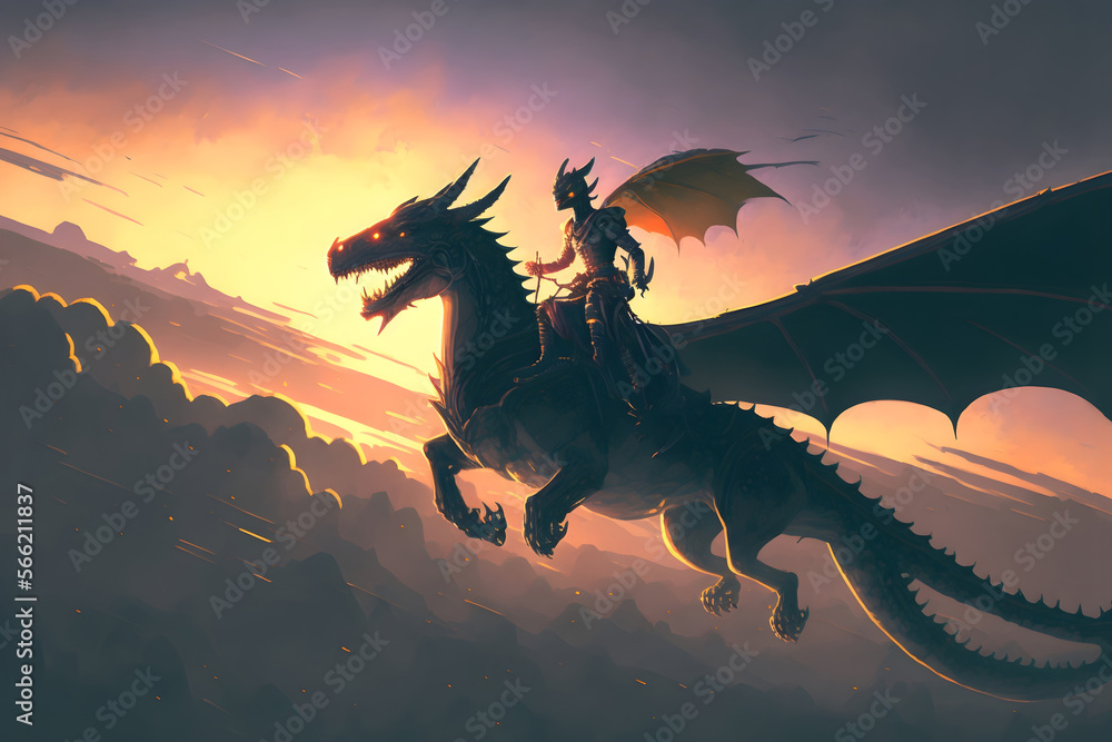 the black knight riding the dragon flying in the sunset sky, digital ...