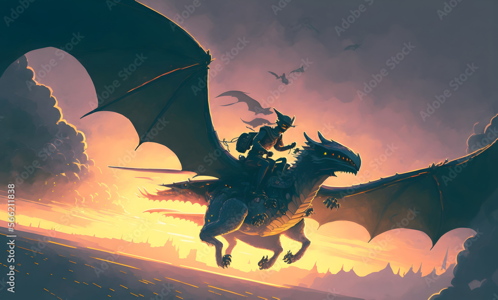 the black knight riding the dragon flying in the sunset sky, digital ...