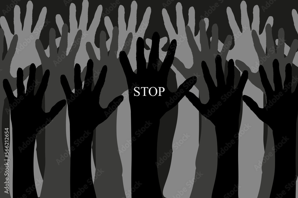 Black and white silhouette of people which raise their hands in ...