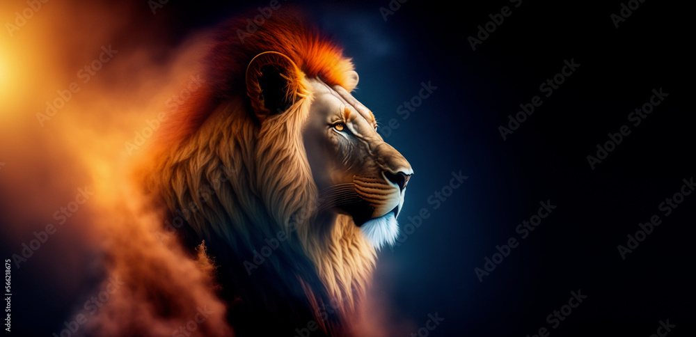 head of young lion looking lateral with copy space for advertisement ...