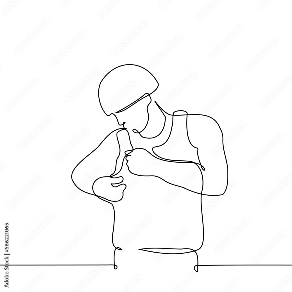 male soldier in a helmet puts on a body armor - one line drawing vector ...