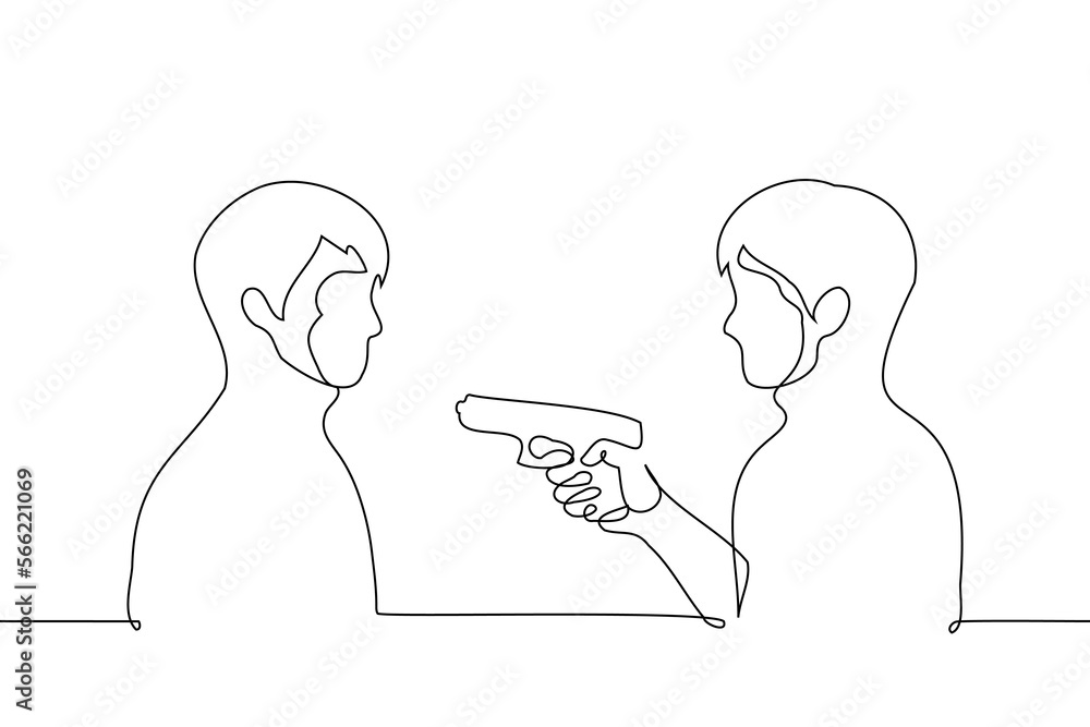 man pointing gun at another - one line drawing vector. concept robber ...