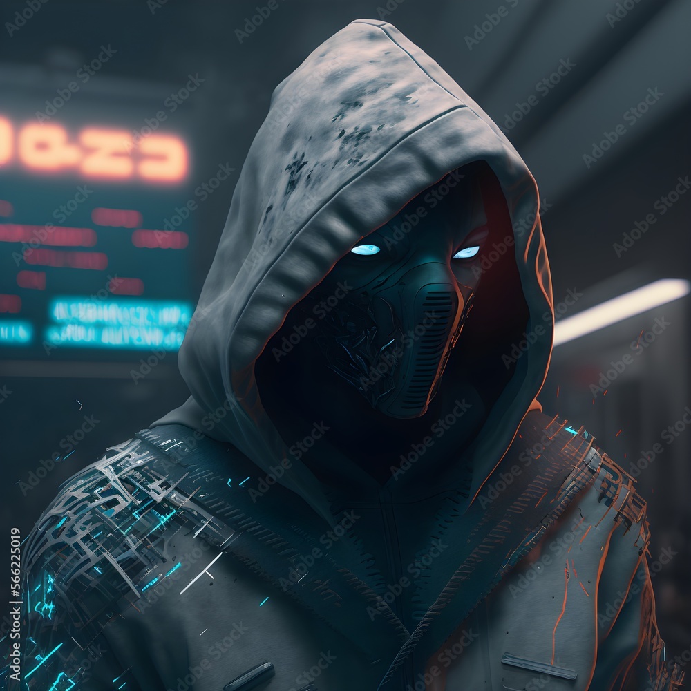 half body shot half body cyber mask cloke no face hood up computer code ...