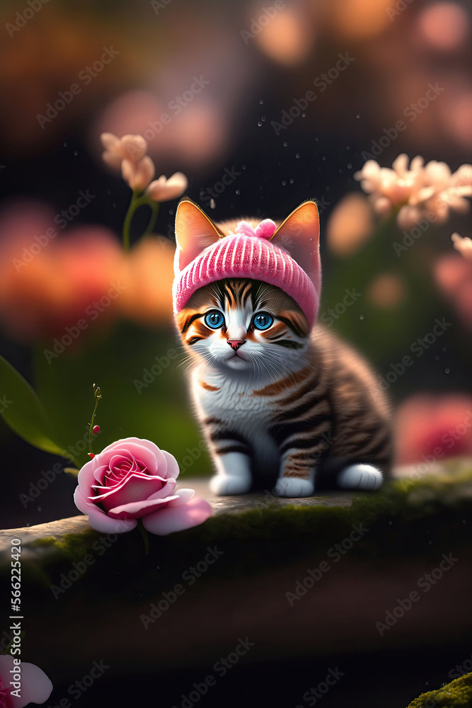 Un petit chat avec un bonnet rose sur la tête et une rose à ses pattes ...