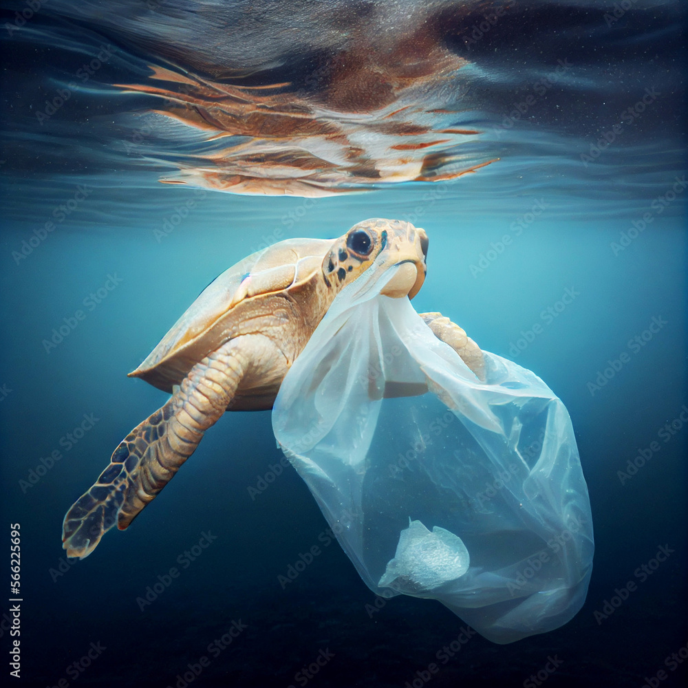 Floating turtle with a plastic bag in a mouth. Generative Ai Art ...