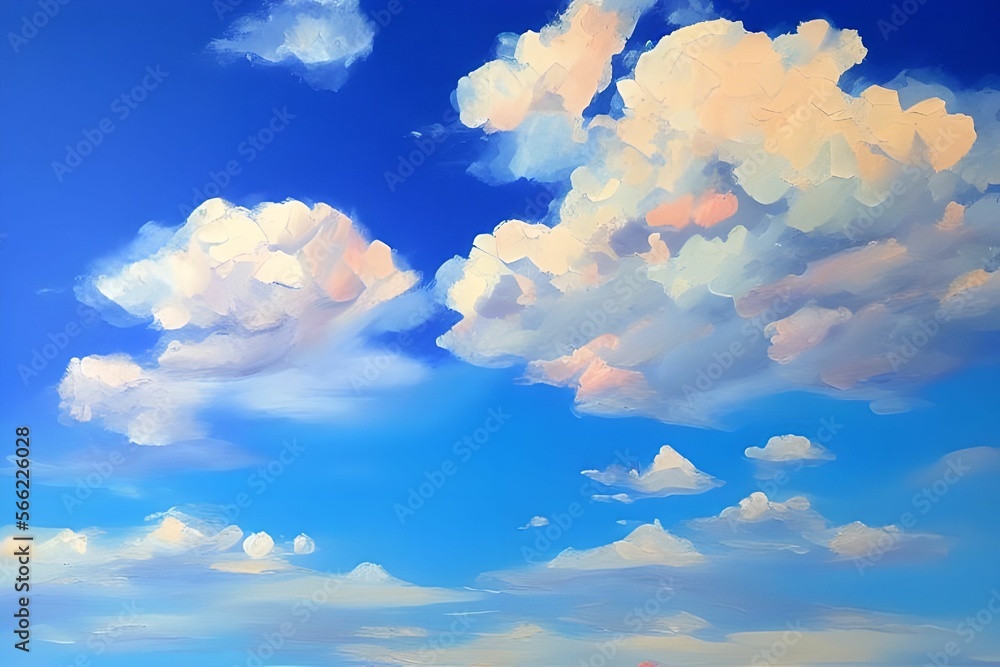 Oil painting of a bright blue sky with white clouds illuminated by the ...