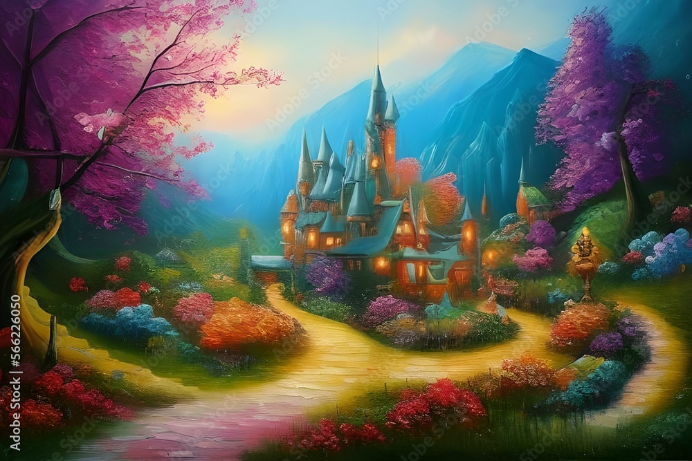 Oil painting of a path leading to a magic fairy tale castle in the ...