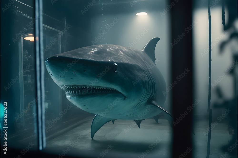 a shark trying to break the window of an underground research lab movie ...