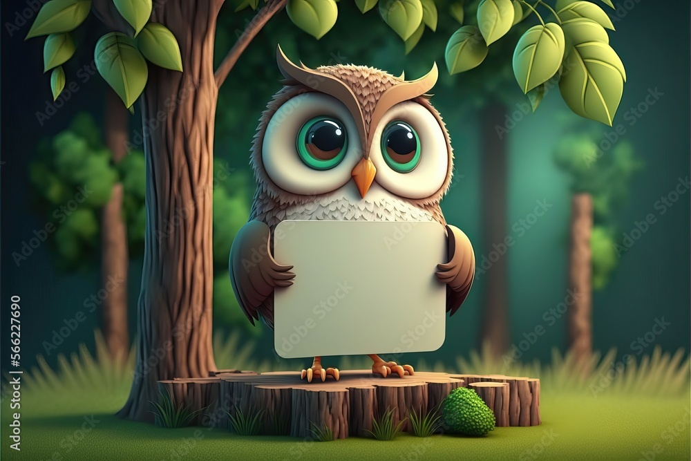 3D cute owl cartoon holding blank sign. 3D animal background. Suitable ...