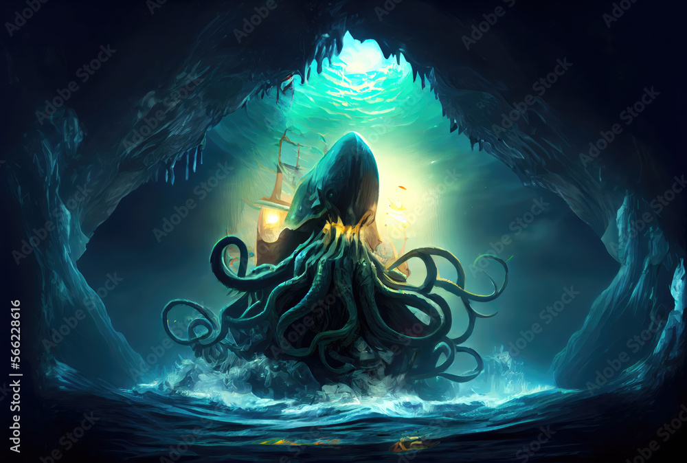 Kraken under the deep sea attacking and sinking the ship. Mythical creatures concept. Generative ...