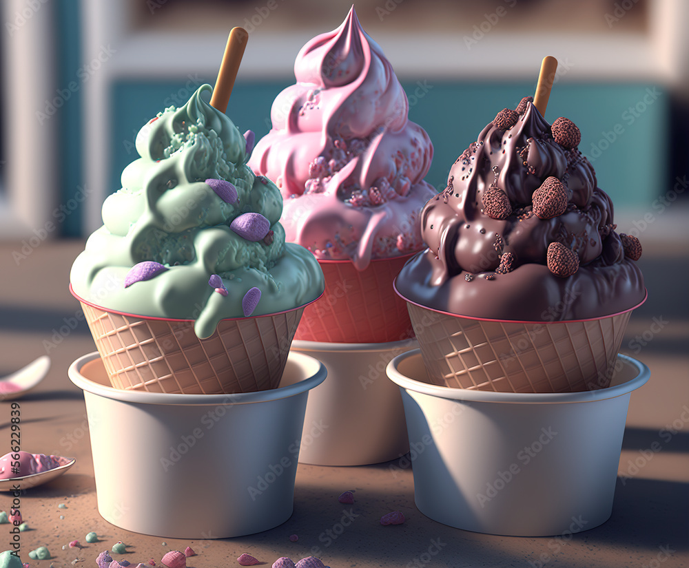 Ice cream cones. Colored ice cream. Vanilla ice cream. Fruitty ice ...