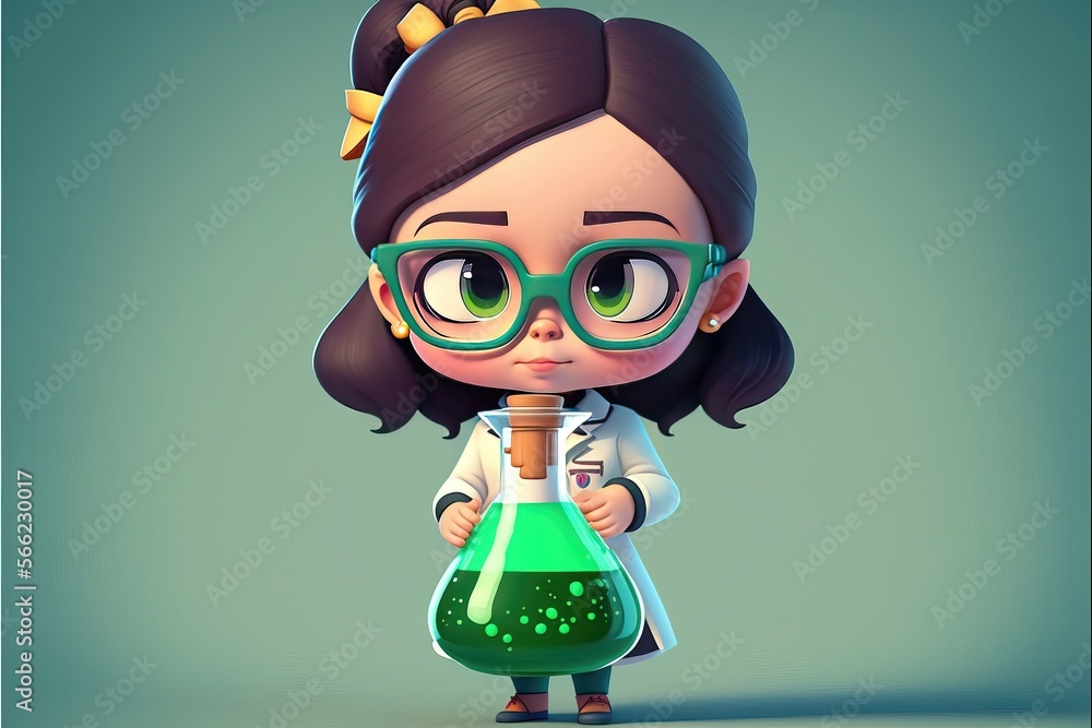 Cute young girl scientist holding a lab flask on green background. 3D ...
