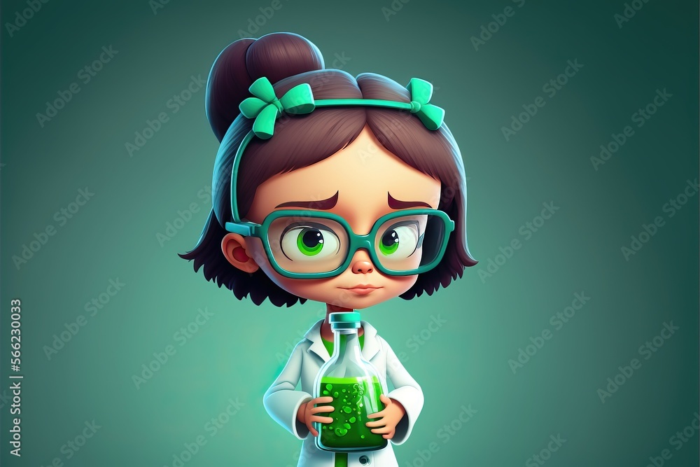 Cute young girl scientist holding a lab flask on green background. 3D ...