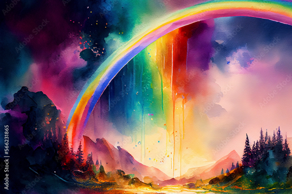 A rainbow arcing over a landscape, the vibrant colors of the spectrum ...