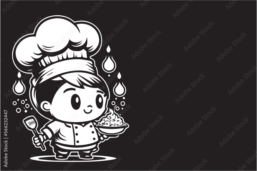 black and white cartoon illustration of a cute chef Stock Vector ...