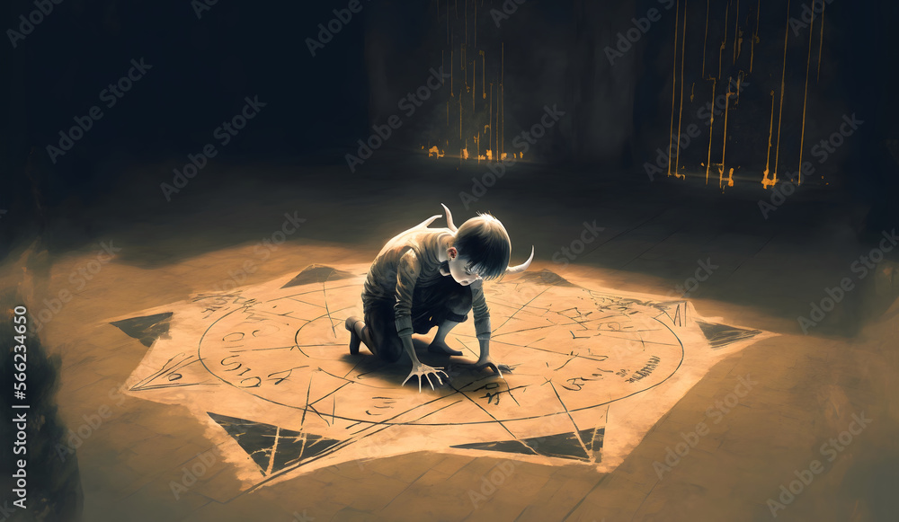 A child drawing the evil pantagram a symbol of demon on the ground, digital art style ...