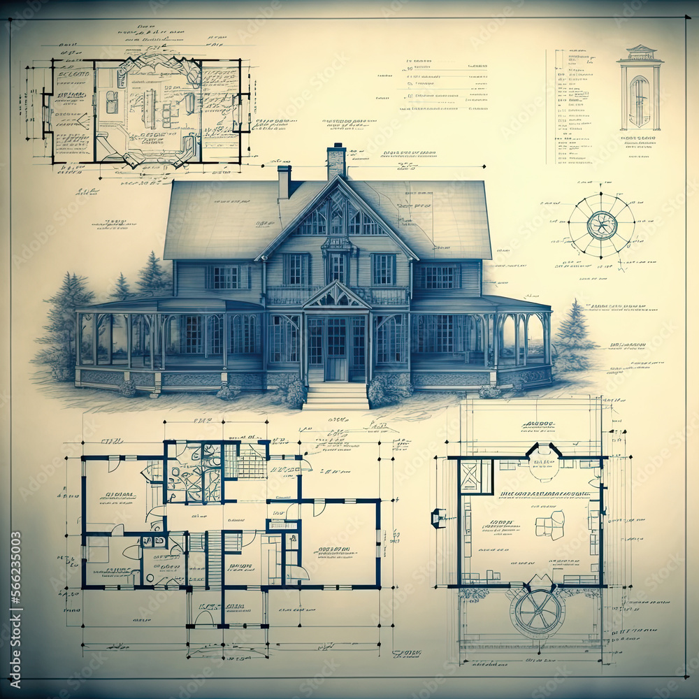 old school house plan blueprint with floor plans, fictional architecture drawing of a family ...
