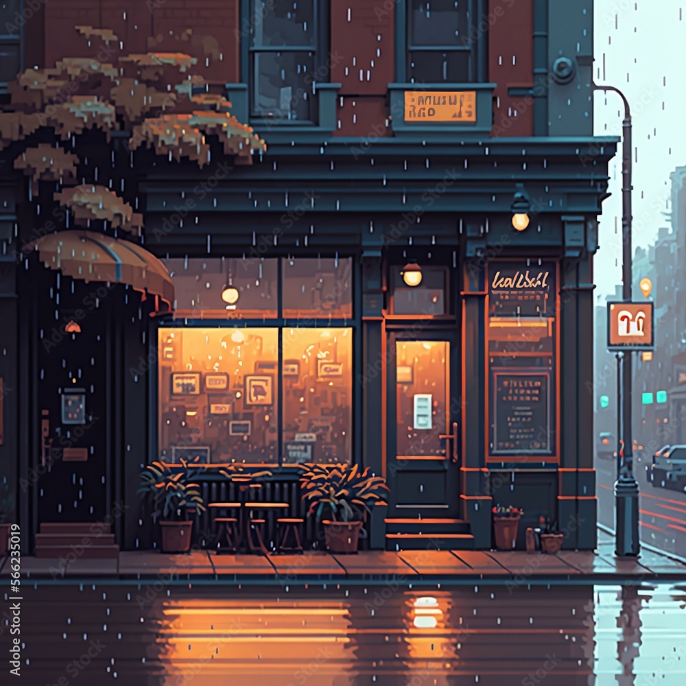 16 bit pixel art - coffeeshop on a rainy day - AI generated Stock ...