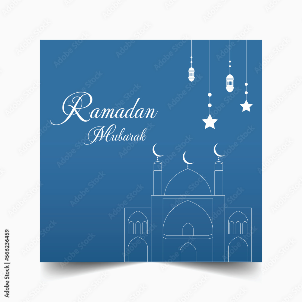 Minimal Outline Mosque In Light Blue Gradient Background With Hanging ...