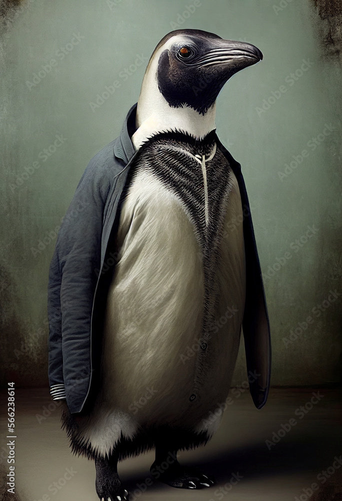 Penguin wearing clothes, surreal hybrid creature in studio setting ...