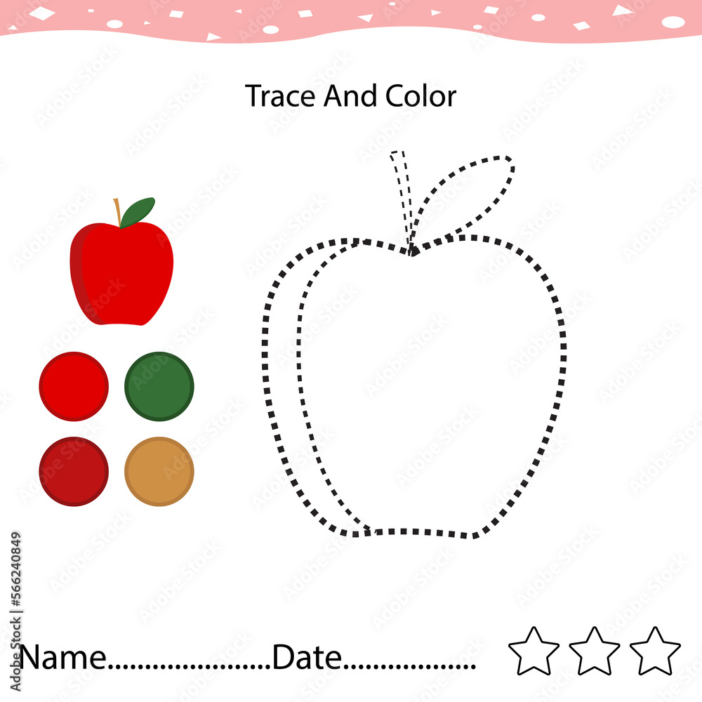 Preschool worksheet for practicingz. Trace apple fruit and color for ...