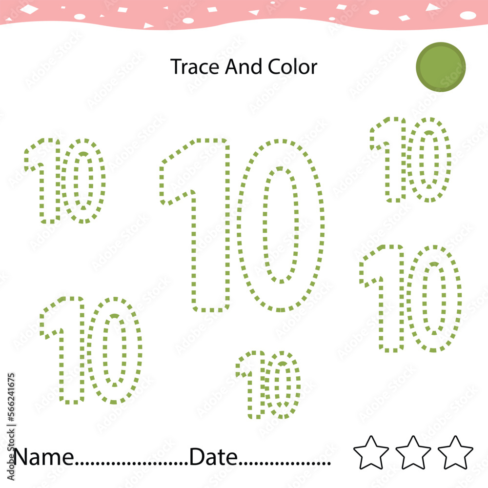 Number ten tracing practice worksheet for kids learning to count and to ...