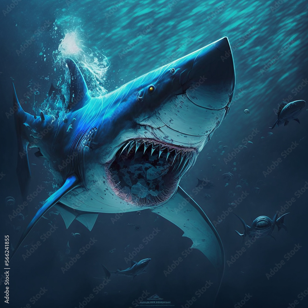 big shark in deep sea, 2d image, anime, cute, insane details Stock ...