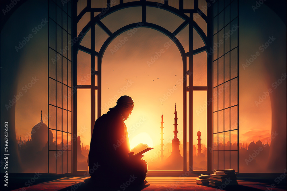 Muslim reading Quran in Mosque at sunset, beautiful religion and ...
