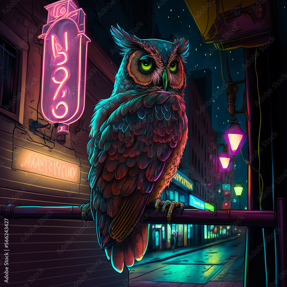cartoon , gutter owl , neon lights Stock Illustration | Adobe Stock