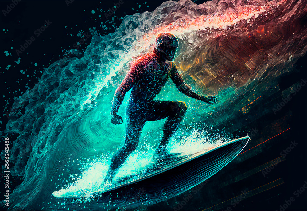 futuristic artificial intelligence surfer surfs on energy wave, digital ...