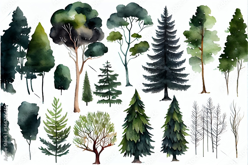 Forest trees set. Hand drawn watercolor illustration isolated on white ...
